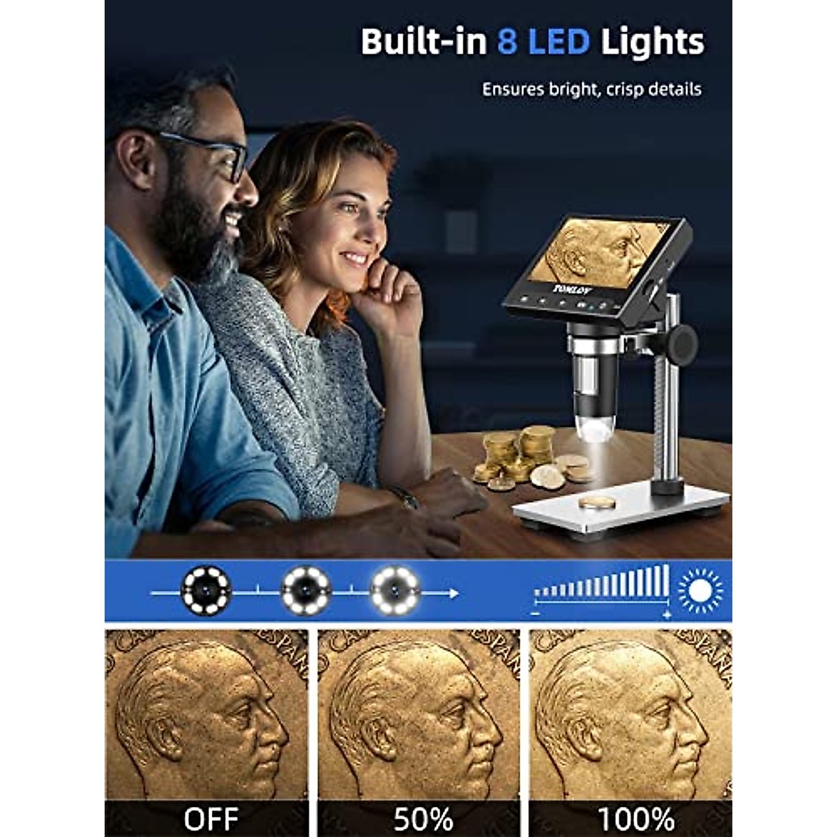 TOMLOV DM4 Coin Microscope 1000X with 4.3" Screen, 720P LCD Microscope with Metal Stand, 8 Adjustable LED Lights, PC View for Kids Adults, Windows Compatible, 32GB TF Card Included
