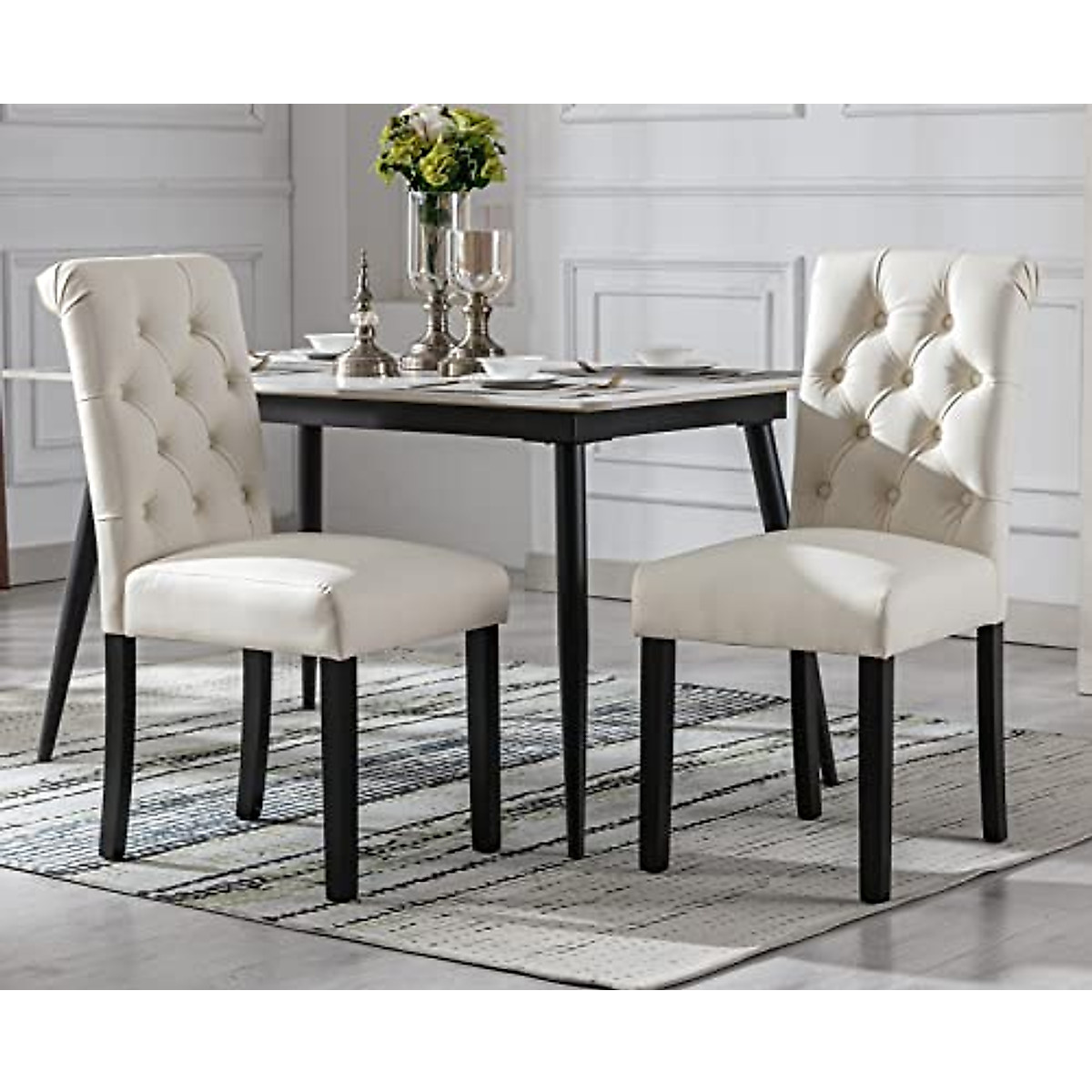 Kmax Leather Dining Chairs Button Tufted Diner Chairs Classic Upholstered Chairs with Wood Legs for Kitchen Dining Room Restaurant Set of 2, Cream