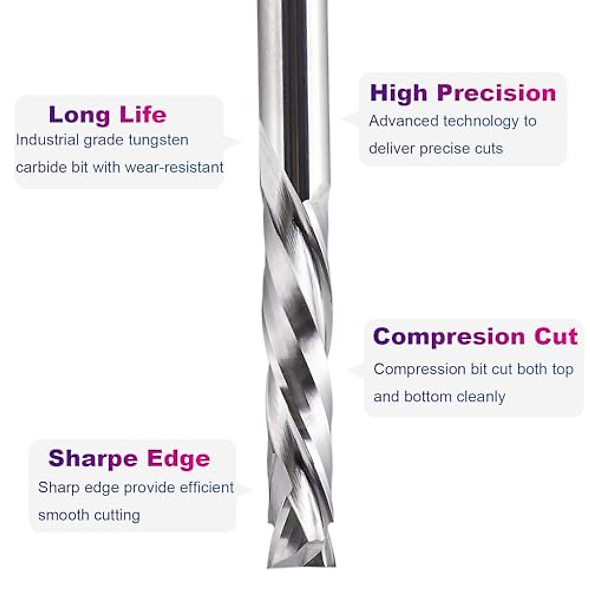 SpeTool Spiral Compression Router Bits 1/4" Shank,1-1/4Inch Cutting Length, Extra Long 3 Inch OVL,Carbide UP Down CNC Router Bits End Mill for Wood Mortises Carving Engraving