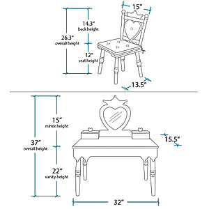 Wildkin Kids Princess Wooden Vanity and Chair Set for Girls, Vanity Features Mirror and Attached Jewelry Box and Music Box, Includes Matching Chair with Removable Backrest and Seat Cushion (Pink)
