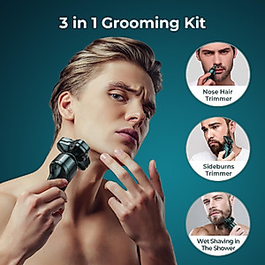 PRASKY Electric Razor for Men, 3-in-1 Face Shaver, Rotary LED Display, Rechargeable, Floating Head, Replaceable Blades, Portable Travel Beard Trimmer, Hair Clippers Kit - Green