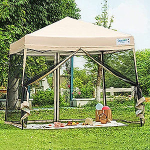 Quictent 9'x9' Slant Leg Pop up Canopy Tent with Mosquito Netting, Instant Screen House Room Tent Gazebo, Easy Set up, Tan