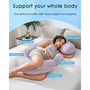 QUEEN ROSE Cooling Pregnancy Pillows,E Shaped Full Body Pillow for Sleeping, with Pregnancy Wedge Pillow for Belly Support, 60 Inch Maternity Pillow for Side Sleeper, Cooling Rayon Cover, Purple