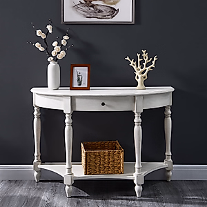 MODERION Solid Wood Console Table with Drawer, Semi-Circle Entryway Table with Storage Shelf, Half-moon Traditional Elegant Vintage Sofa Table for Living Room, Small Space, Antique White SFZ12233RW