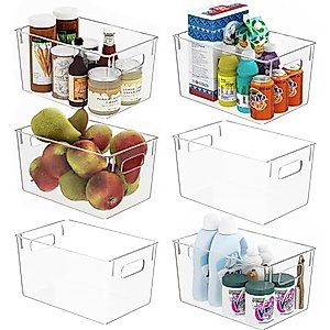 6 Pack Large Clear Storage Organizer Bins, Plastic Storage Bins Pantry Organizer Bins wit Handle, BPA Free Storage Containers for Kitchen, Refrigerator, Freezer, Countertops, Cabinet,Closet,Bathroom