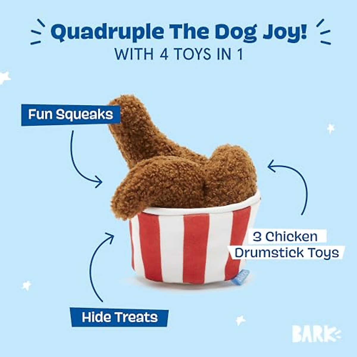 Barkbox 2 in 1 Interactive Plush Dog Toy - Rip and Reveal Toy for Dogs and Puppies - Stimulating Squeaky Pet Toys | Bucket o' Fried Licken