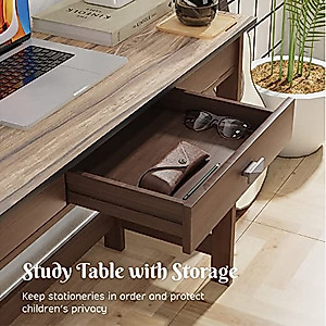 Tangkula Study Desk & Chair Set, Kids Learning Table with Drawer, Ergonomic Chair with Inclined Backrest, Students Computer Workstation with Solid Rubber Wood Feet, Teen Desk & Chair Set