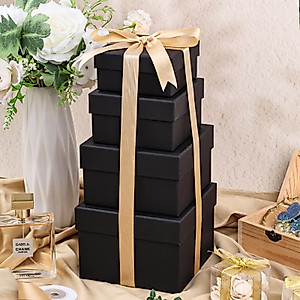 Shindel 4PCS Black Gift Boxes, Nesting Gift Boxes with Lids, Stackable Gift Boxes Square Gift Boxes, 4 Assorted Gift Boxes Different Sizes With Ribbon For Birthday Christmas Halloween