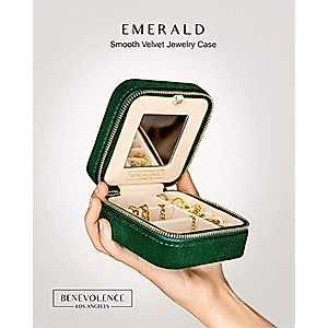 Plush Velvet Travel Jewelry Box Organizer | Travel Jewelry Case, Jewelry Travel Organizer | Small Jewelry Box for Women, Jewelry Travel Case | Earring Organizer with Mirror - Emerald Velvet