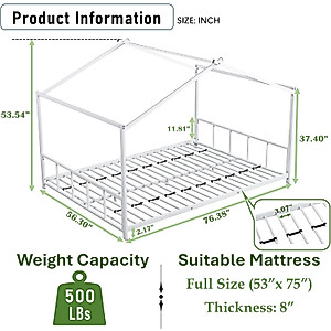 DNYN Full Size Montessori Floor Bed & House Bedframe with Roof Design for Kids Bedroom,Super Save Space & Easy Assembly & No Box Spring Needed, White