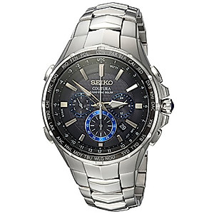 SEIKO SSG009 Watch for Men - Coutura Collection - Radio Sync Solar Chronograph, Stainless Steel Case & Bracelet, Black Dial with Lumibrite Hands & Markers, and Date Calendar
