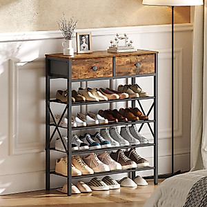 YATINEY 5 Tier Shoe Rack, Large Capacity Shoe Storage Organizer, Metal Shoe Shelf with Drawer and Wooden Top, for 16 Pairs of Shoes, for Entryway, Closet, Rustic Brown and Black SS25BR