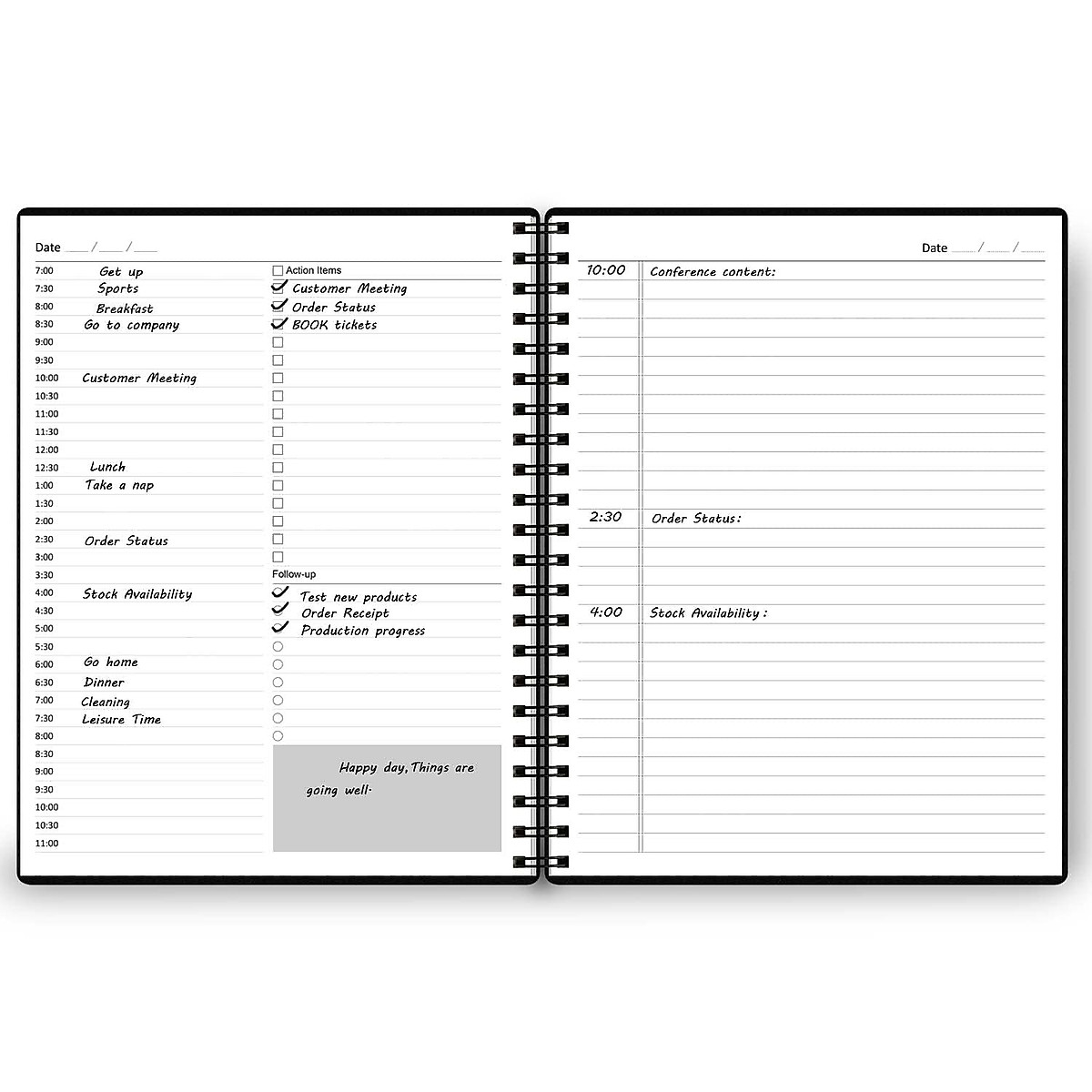 A4 Undated Daily Planner Notebook- Daily Productivity Planner with Hourly Schedules, Action Items and Follow-up, Daily Organizer to Improve Time Management, 8.5 × 11 Inch, Black PU Daily Planner 2024