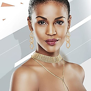 MTLEE 6 Pieces Women Rhinestone Jewelry Set Layered Choker Necklaces Long Tassel Necklaces Crystal Bracelet Cuff Bangles Diamond Tassel Dangle Earrings (Gold)