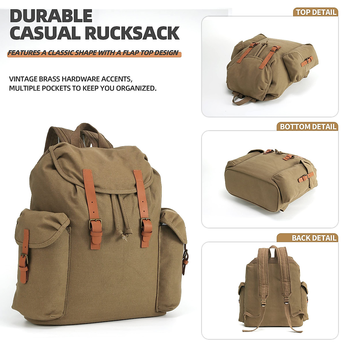 High Capacity Canvas Vintage Backpack Leather Genuine Leather Waxed Canvas Shoulder Hiking Rucksack (Khaki)