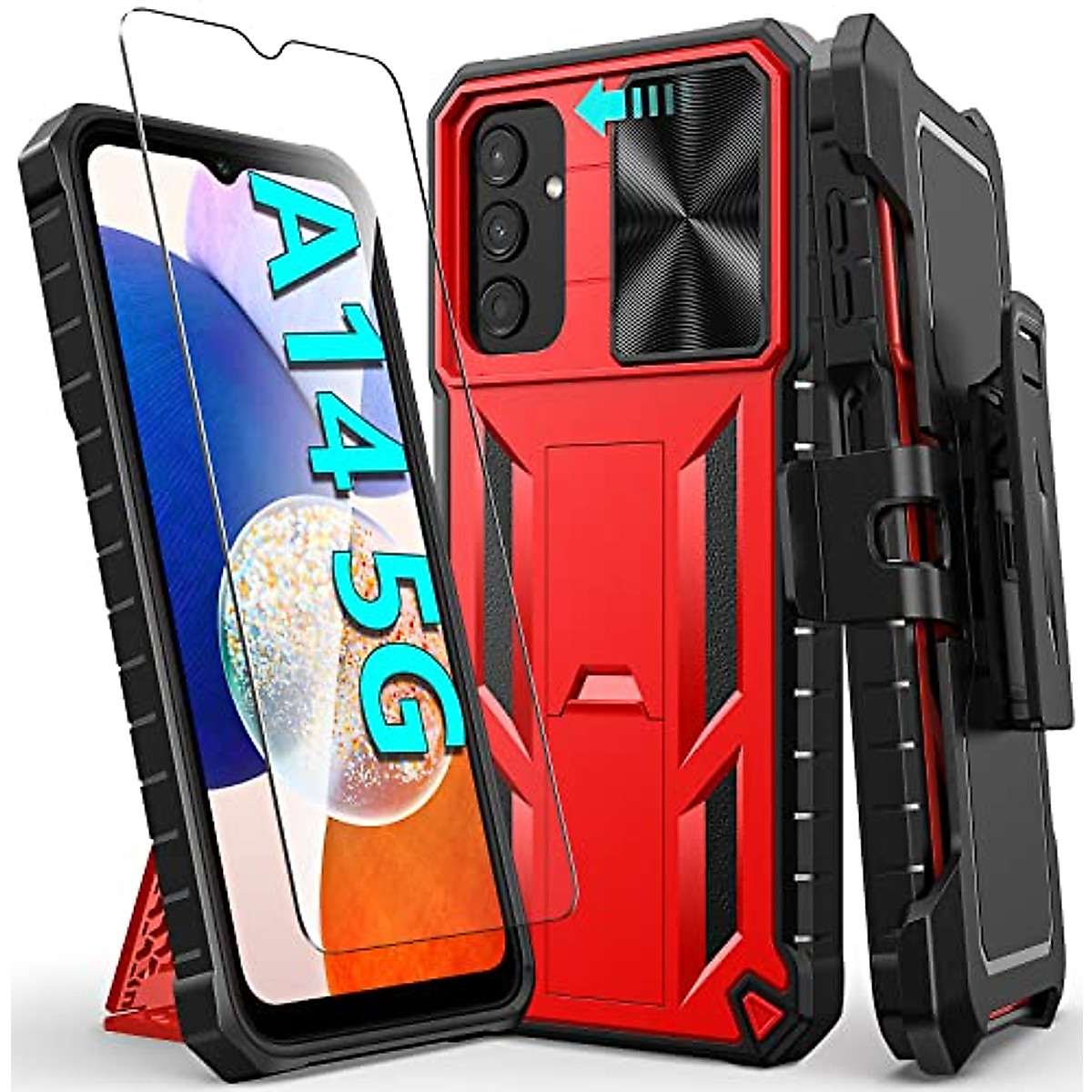 FNTCASE Case for Samsung Galaxy A14-5G: Military Grade Drop Protection Rugged Protective A14 Cell Phone Cover with Belt-Clip Holster Kickstand & Slide | Shockproof Heavy Duty Matte Tough Shell - Red