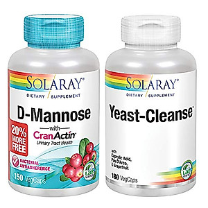 SOLARAY D-Mannose w/ CranActin Cranberry Extract 1000mg & Yeast-Cleanse Bundle | Healthy Cleansing Support | 150, 180ct