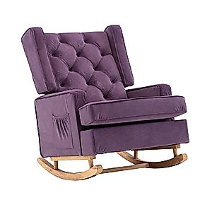 SSLine Upholstered Solid Wood Rocking Chair,Mid-Century Comfortable Relax Nursery Rocking Chairs Lounge Chair for Living Room, Bedroom, Study Room, Office Accent Glider Rocker(Purple)