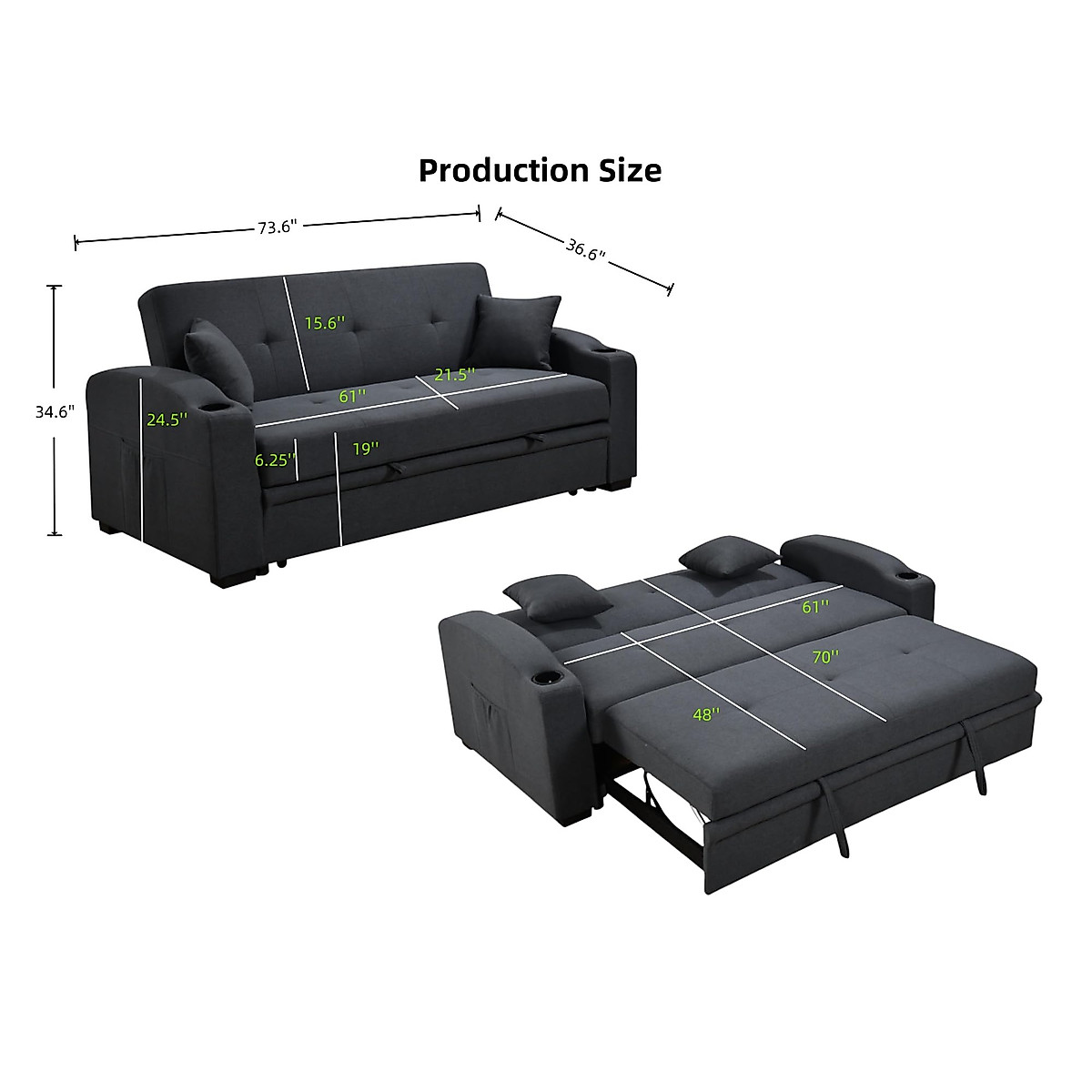 ZIGHTH 75'' Convertible Queen Size Sleeper Sofa Bed with Cup Holders, Modern Linen Loveseat Sofa Couch with Pull Out Bed and Adjustable Backrest for Living Room, Apartment, Bedroom. Dark Blue