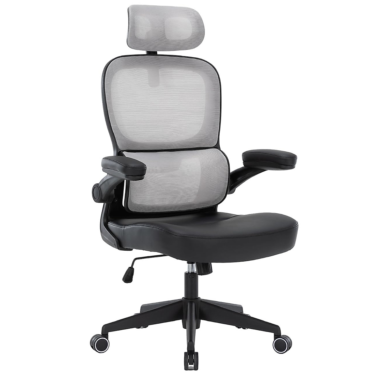 Ergonomic Mesh Office Chair High Back Desk Chair for Big and Tall People Adjustable Headrest with 2D Armrest Lumbar Support and PU Wheels Swivel Tilt Function Black (Black/Grey with Nylon Base)