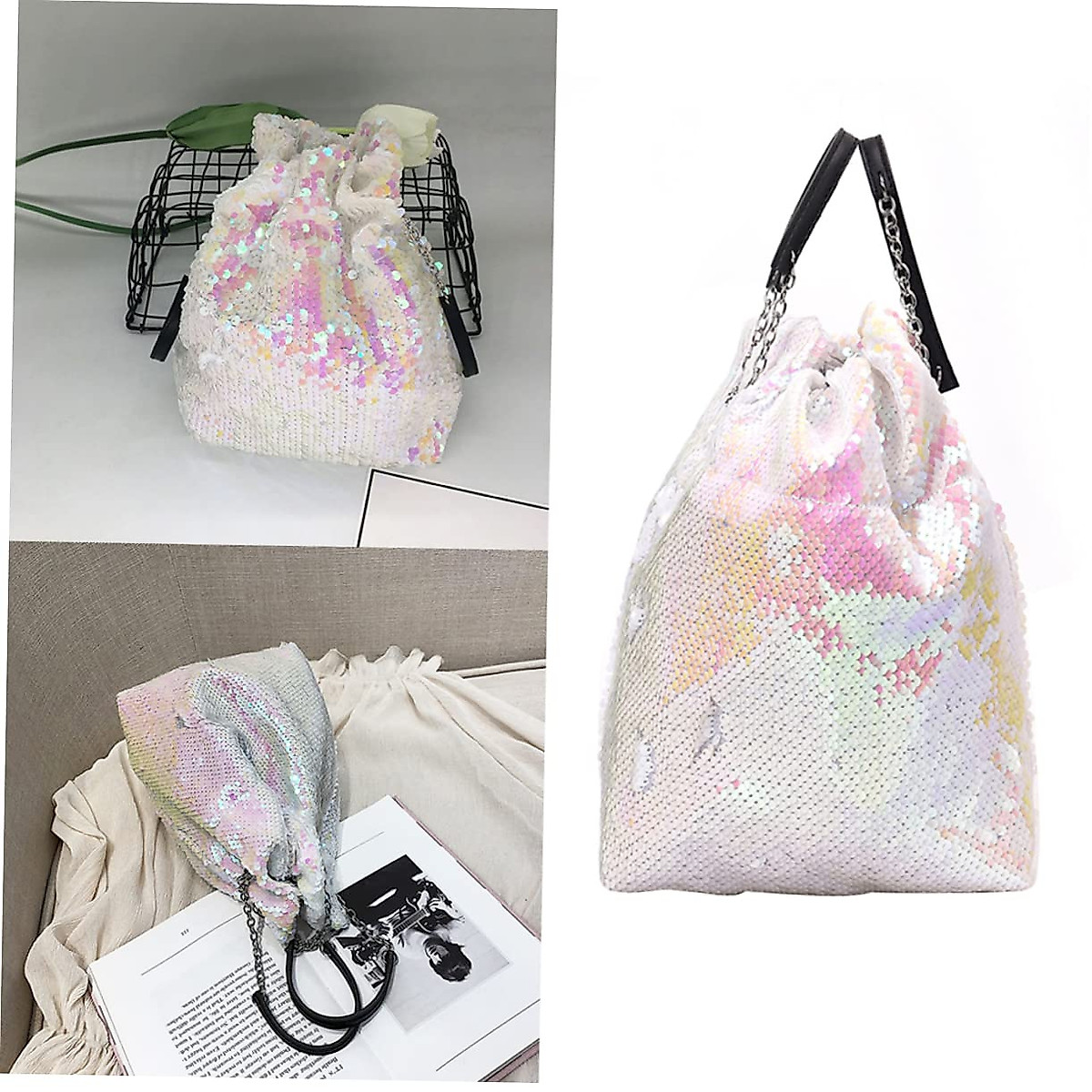 OSALADI Luxury Sequin Messenger Bag Women's Bucket Bag with Chain Large Capacity Tote Shiny Sequin Design White