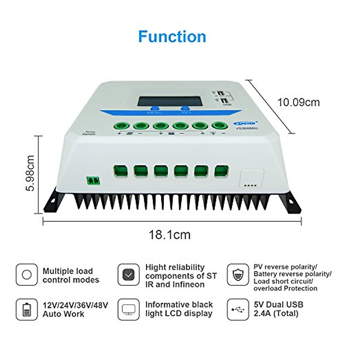 EPever Solar Charge Controller 30A 12V 24V 36V 48V Auto Work Max PV 96V Solar Panel PWM Charge Controller Regulator with LCD Display 2PCs USB Output for Off-Grid Solar System (30A , VS3048AU)
