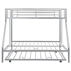 Metal Bunk Beds Twin Over Full Size with 2 Ladder and Trundle Bed for Kids Teens Adults, (Silver)
