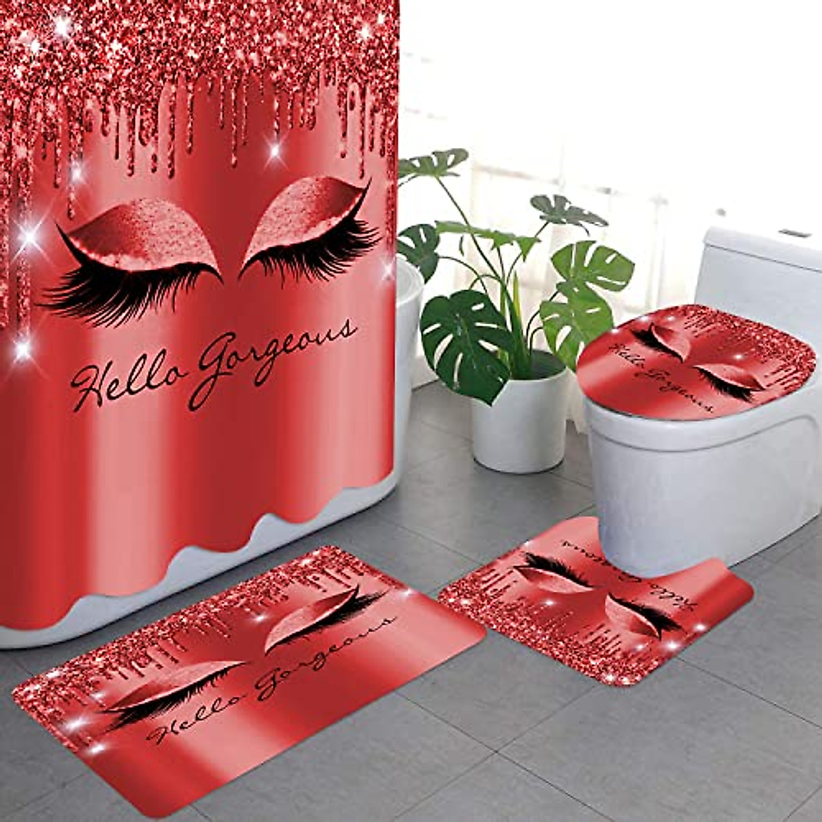 4Pcs Red Hello Gorgeous Shower Curtains Bathroom Sets with Rugs and Accessories for Women Bling Eyelash Modern Red Shower Curtains Sets with Soft Bath Mat and Toilet Seat Cover