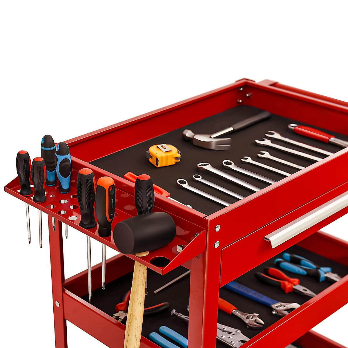 ERGOMASTER Metal Service Utility Cart with Wheels - 500LBS Tool Cart Heavy Duty Rolling 3-Tier Storage Organizer, for Garage Industrial Cart (Red)