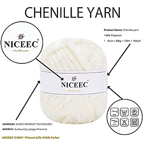 NICEEC 300g Soft Chenille Yarn Blanket Yarn Velvet Yarn for Knitting Fancy Yarn for Crochet Weaving DIY Craft Total Length 150m (164yds)_Cream White