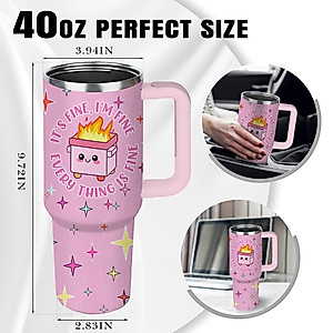 NIAXAUYT Funny Gifts for Women, 40oz Dumpster Tumbler with Handle, Pink Office Desk Accessories, Birthday Christmas Gifts for Coworkers Friends, It's Fine Everything Is Fine Mug