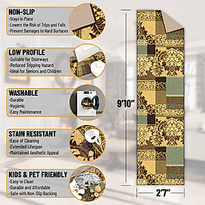 Machine Washable Damask Design Non-Slip Rubberback 3x10 Traditional Runner Rug for Hallway, Kitchen, Bedroom, Living Room, 2'7" x 9'10", Brown/Green