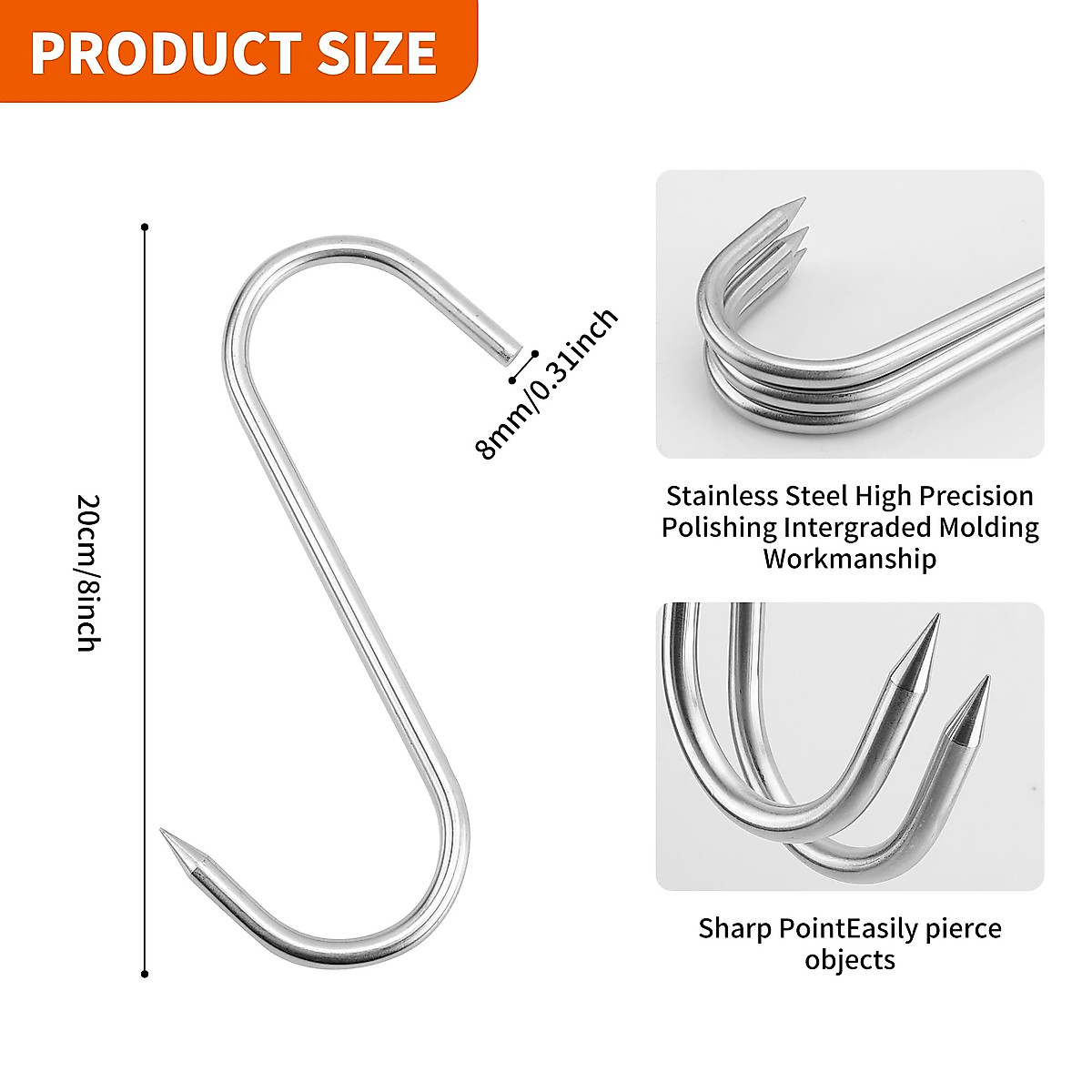 KEJJNYER 10 Pcs Meat Hanging Hooks 8 inch, Stainless Steel Meat Hooks10mm Diameter, Heavy Duty S Meat Hanging Hooks for Butchering, Smoking, Drying, Cooking, Grilling, BBQ