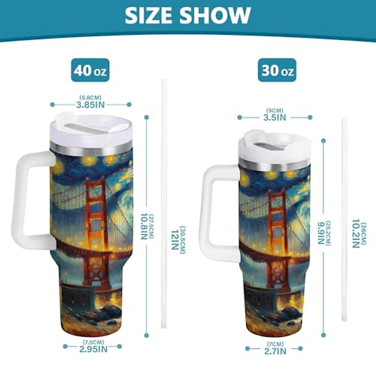 RPLIFE Golden Gate Bridge Starry Night 40oz Tumbler with Handle, Stainless Water Bottle, Insulated Coffee Tumbler