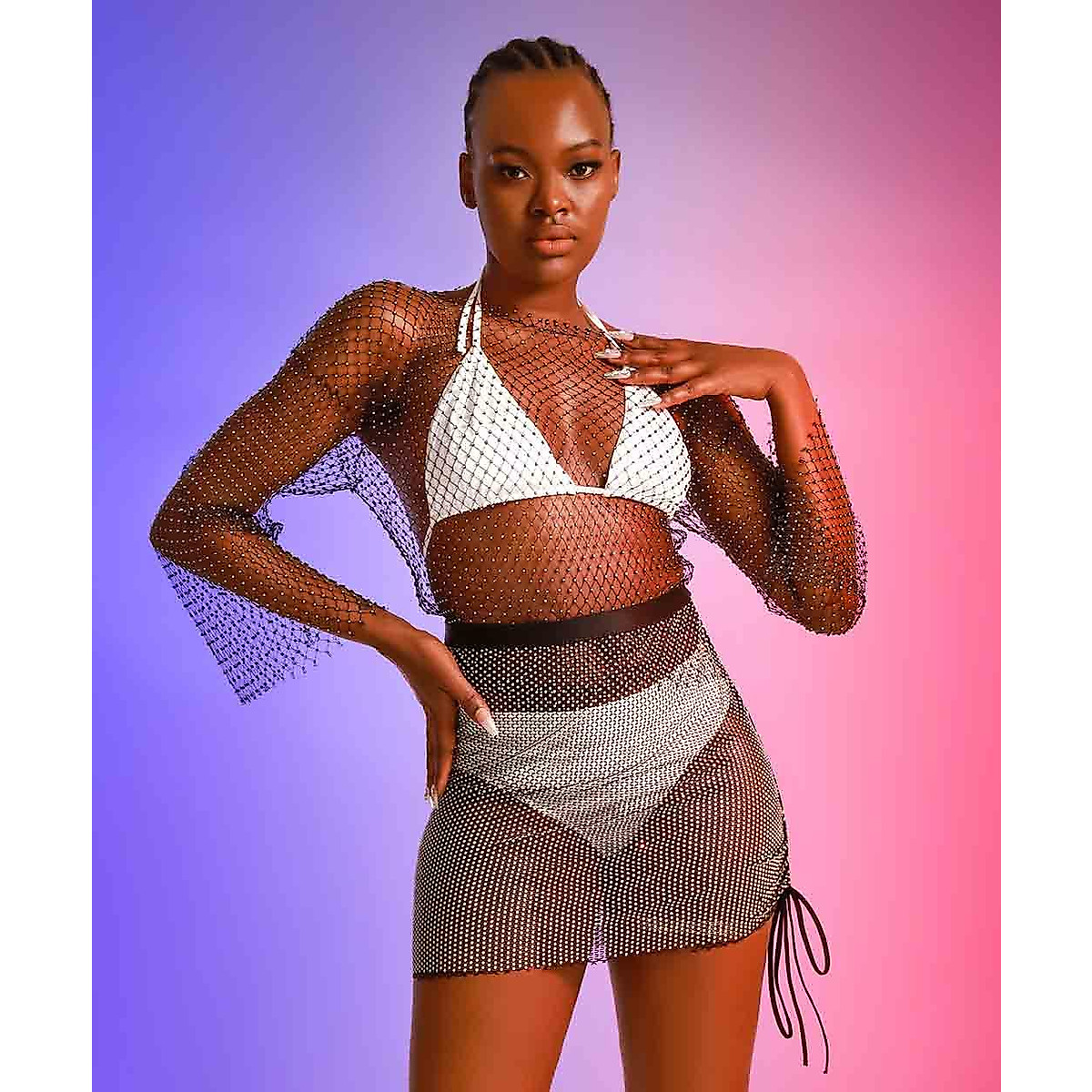 Fstrend Mesh Body Chains Crystal Long Sleeve Fishnet Crop Tops Rhinestone See Through Cover up Bikini for Women