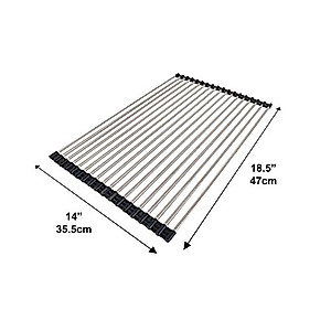 Over The Sink Roll Up Dish Drying Rack with Dish Scrubber | Multipurpose Use | Foldable for Storage | Stainless Steel Pipes | Silicone Coated Caps | 18.5" x 13"