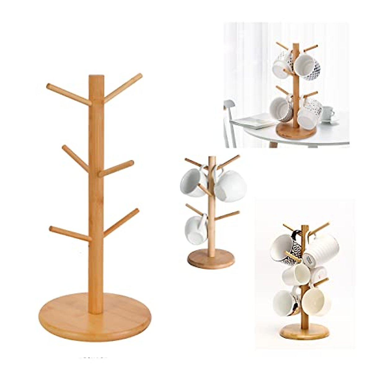Bamboo Mug Holder Tree，Coffee Cup Holder，Countertop Mug Tree with 6 Hooks，Mug Rack for Counter Stand Coffee Counter Bar Accessory
