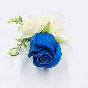 Abbie Home Prom Corsage Boutonniere Set Rose Flower Pin Wristlet for Party (Royal Blue)