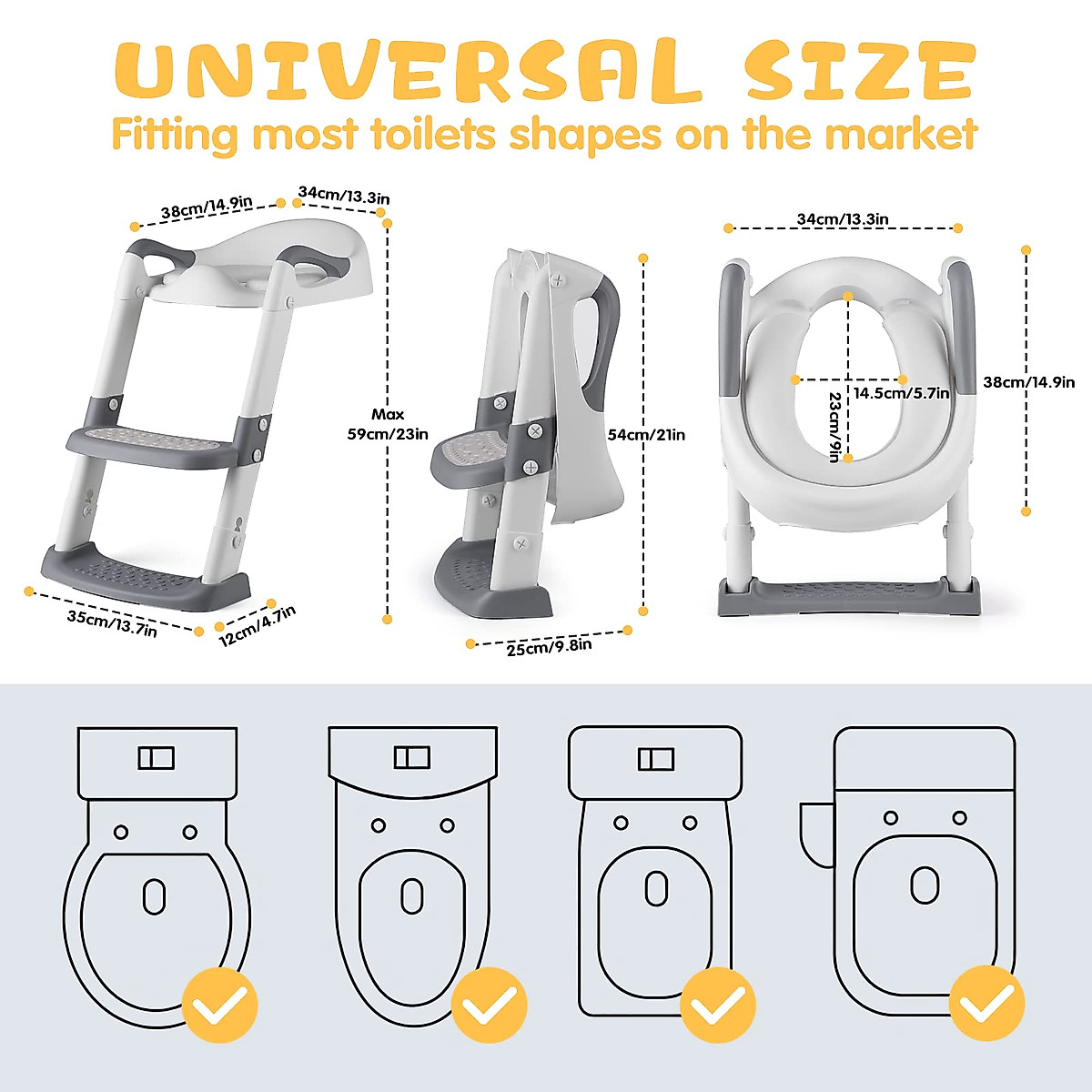 TEMFAU Potty Training Seat with Anti-Slip Step Ladder, Foldable Toilet Seat with Splash Guard & Soft Cushion for Toddler Kids, Height Adjustable Potty Training Toilet for Boys Girls, Grey