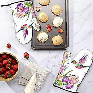 Garden with Birds and Flowers Printed Heat Resistant Kitchen Oven Gloves, Non-Slip Washable Cooking Gloves for Baking and Grilling