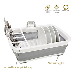 Kitchen Details Collapsible Dish Drying Rack | Space Saver | Aerated Bases Drain Holes | Plates, Bowls, Utensils Compartments | Countertop and Sink Storage | White/Grey