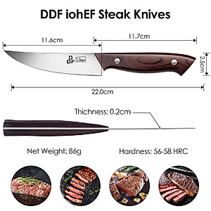 DDF iohEF Steak Knives Set of 6, Non-serrated Steak Knife 4.5 Inch High Carbon Japanese Stainless Steel Kitchen Steak Knife 6 Pieces Dinner Knives Ultra Sharp with Ergonomic Handle and Gift Box