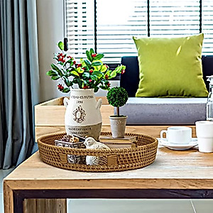 Decorative Coffee Table Tray | Farmhouse Boho Decor | Round Rattan Tray Basket | Wicker Serving Tray with Handles | Drink, Tray for Ottoman | Circle Round Tray | Fall Decor