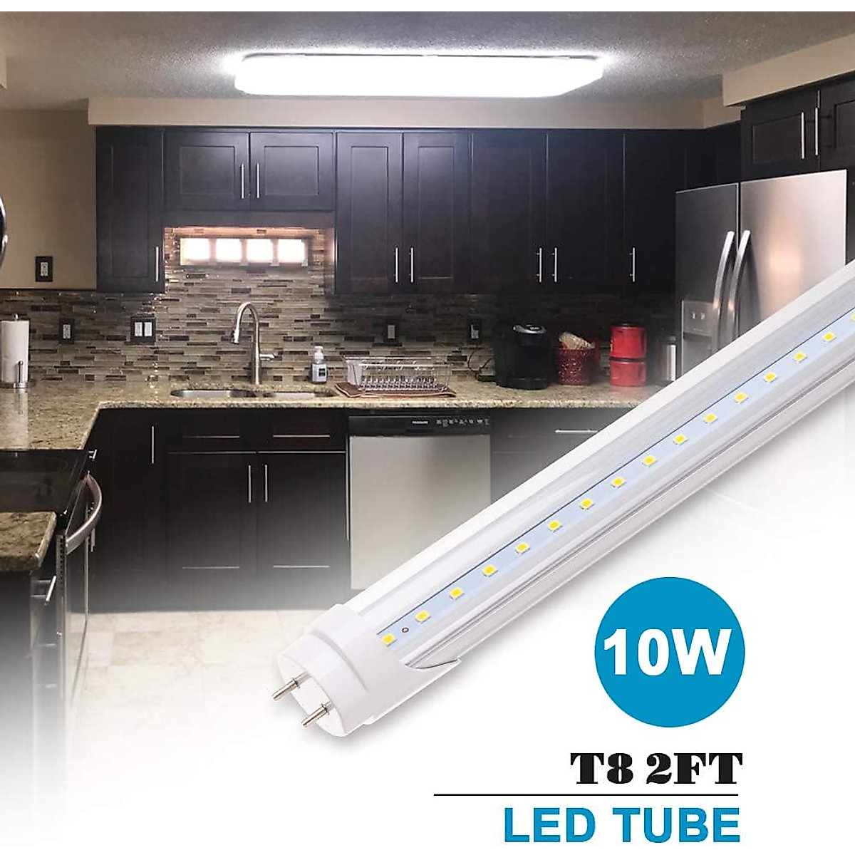 Romwish 2FT LED Tube Light, T8 T10 T12 Type B LED Light Bulb, 10W(24W Equiv.), 5000K Daylight, 1120LM, 24 Inch F20T12 Fluorescent Replacement, Remove Ballast, Double-Ended Power, Clear Cover, 4 Pack