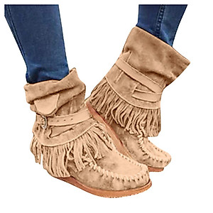 Guoxn Women's Retro Flock Fringe Short Ankle Boots Flat Round Toe Slip On Mid Calf Winter Snow Boots Ladies Punk Military Combat Army Boots Comfort Suede Cowboy Western Bootie (Brown, US:5/CN:36)