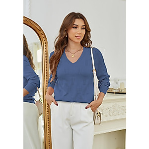 Women's Fall V Neck Casual Long Sleeve Ribbed Knit Sweater Ladies Pullover Sweater Jumper Tops (Blue,M)