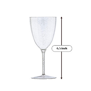 40 Piece Set of Disposable Silver Glitter Stemmed Wine Cups 7 Oz - For Parties, Date Nights, Formal Dinners, Wine Tasting