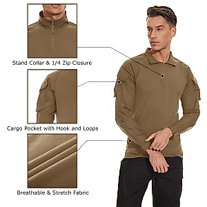 TACVASEN Combat Shirt for Men Long Sleeve Tactical Shirt 1/4 Zip with Pockets Military Pullover Ripstop Army Training Security Paintball Brown M