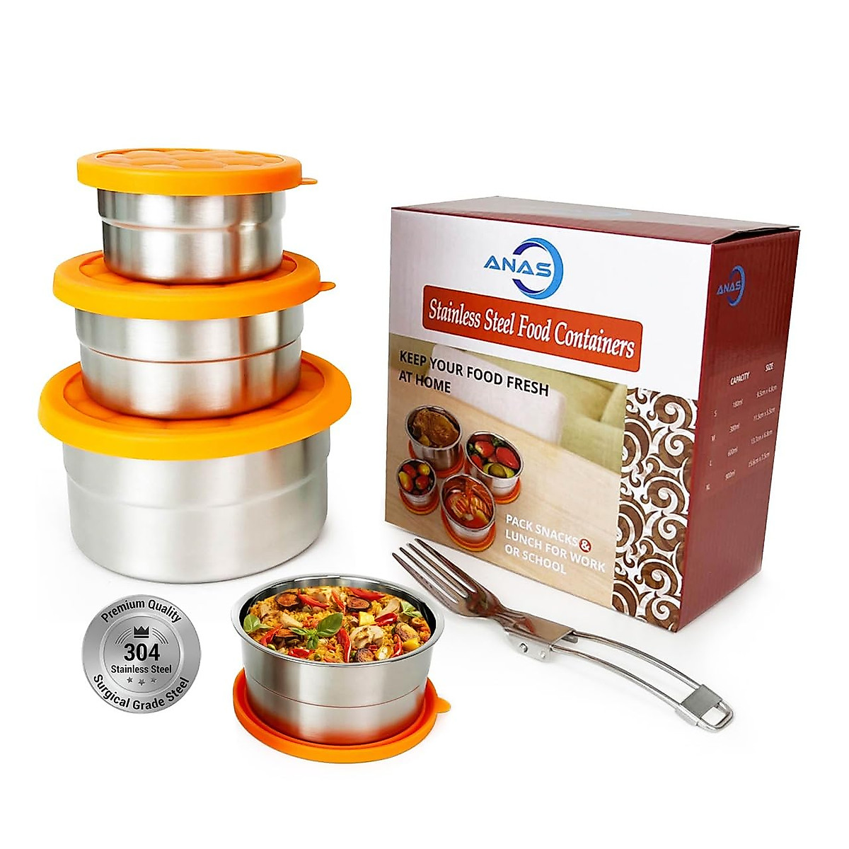 Anas 4-Pack of Round Food Containers - Stainless Steel, Locking Silicone Lids, Compact Stackable, Leak Proof, Dishwasher Safe. Great for Snacks, Lunch, Work, School, Travel, Bento Box