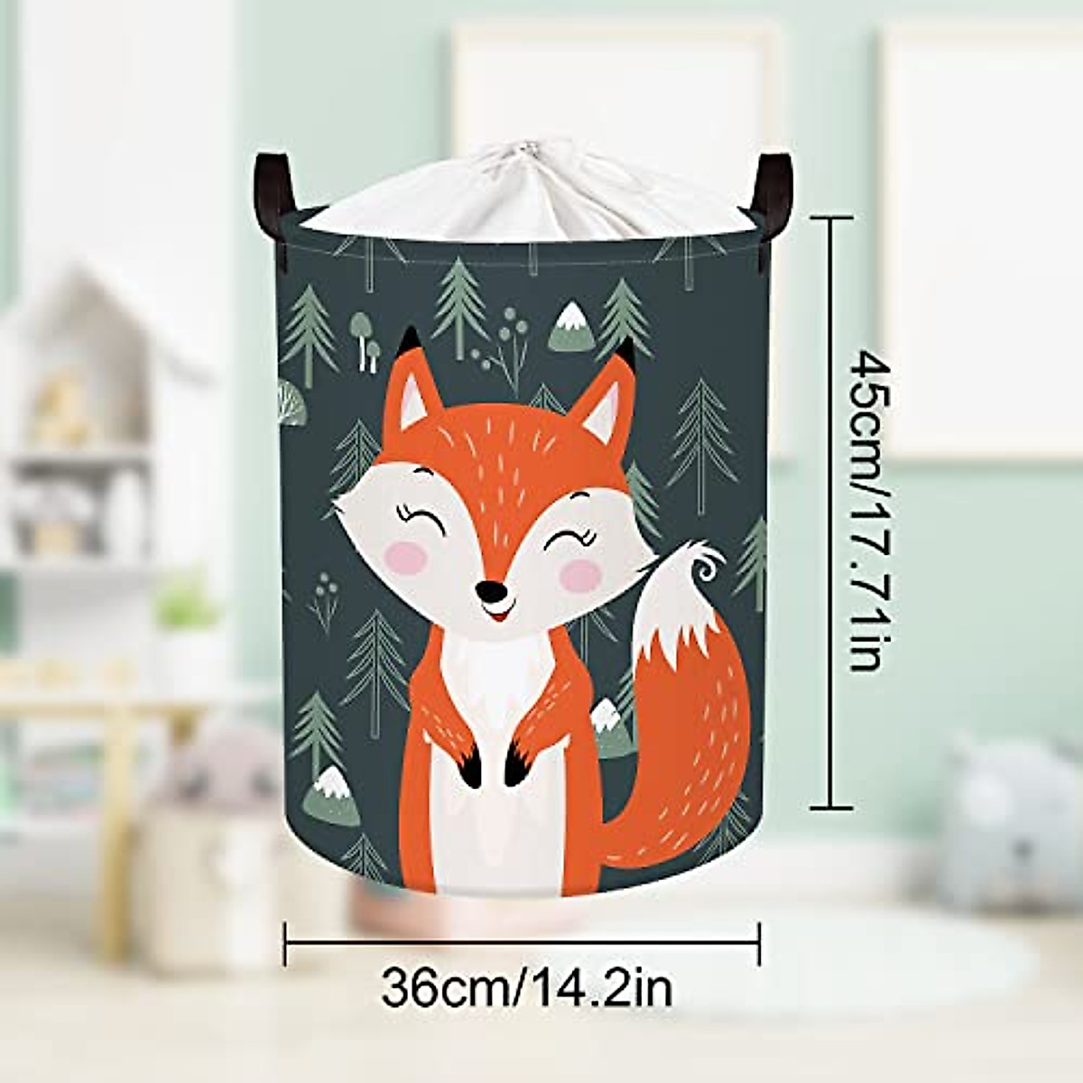 Clastyle 45L Smile Foxes Kids Laundry Baskets for Bedroom Collapsible Waterproof Tree Laundry Hamper with Drawstring for Toys, 14.2 * 17.7 in